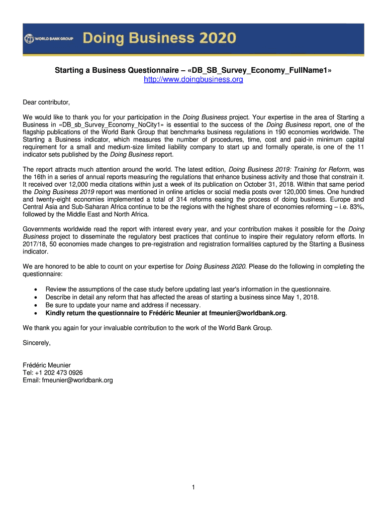 Fillable Online Starting a Business Questionnaire DB SB Survey Economy ...