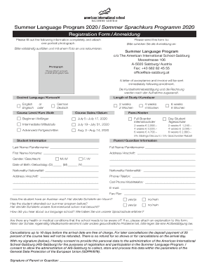 Fillable Online Summer Language Program 2020 / Sommer Sprachkurs ...
