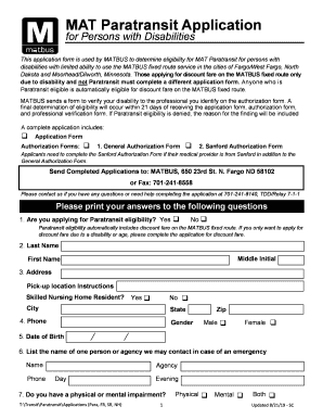Fillable Online APPLICATION FORM MAT Paratransit for Persons with ...