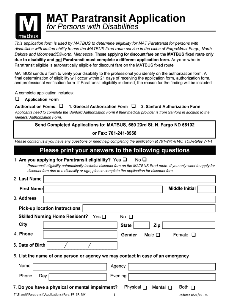 Fillable Online APPLICATION FORM MAT Paratransit for Persons with ...