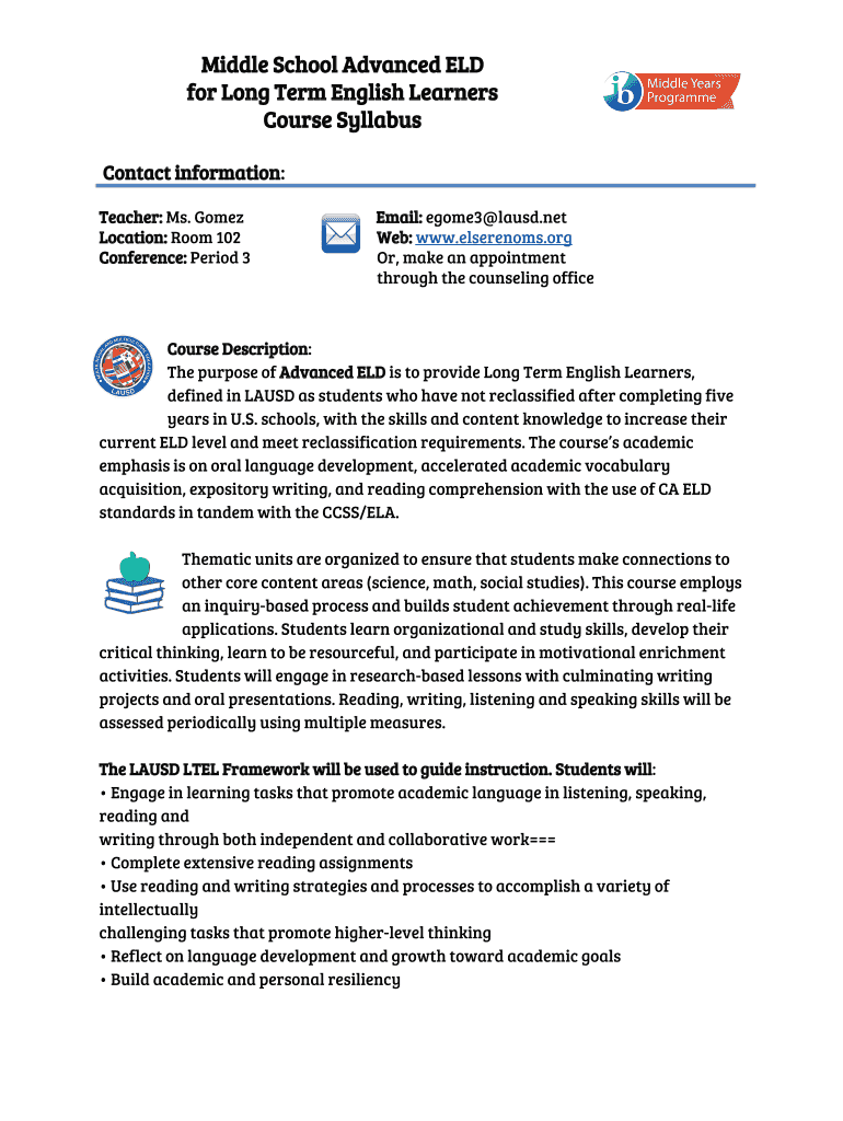 Fillable Online Middle School Advanced ELD for Long Term English ...