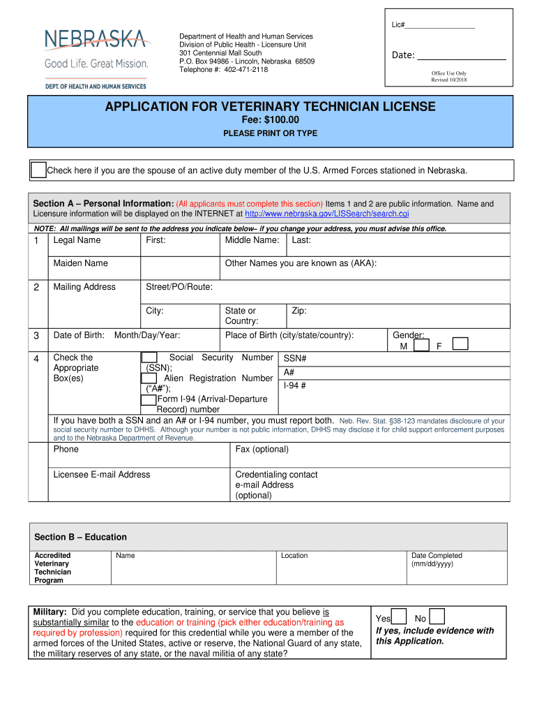 NE License to Practice as a Veterinary Technician Application Form - Fill Online, Printable ...