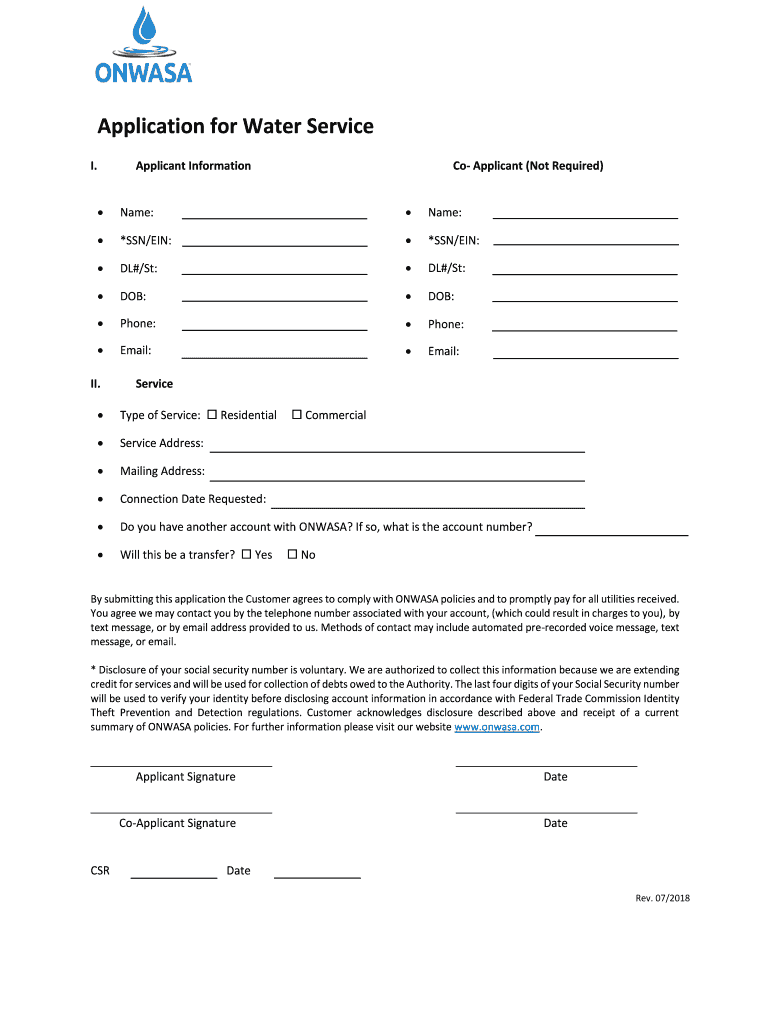 Fillable Online Application for Water Service - Onslow Water and Sewer ...