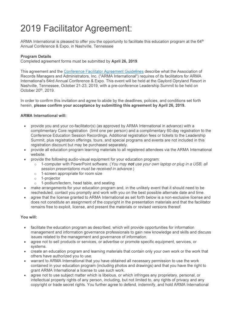 Fillable Online 2019 Facilitator Agreement Fax Email Print - pdfFiller