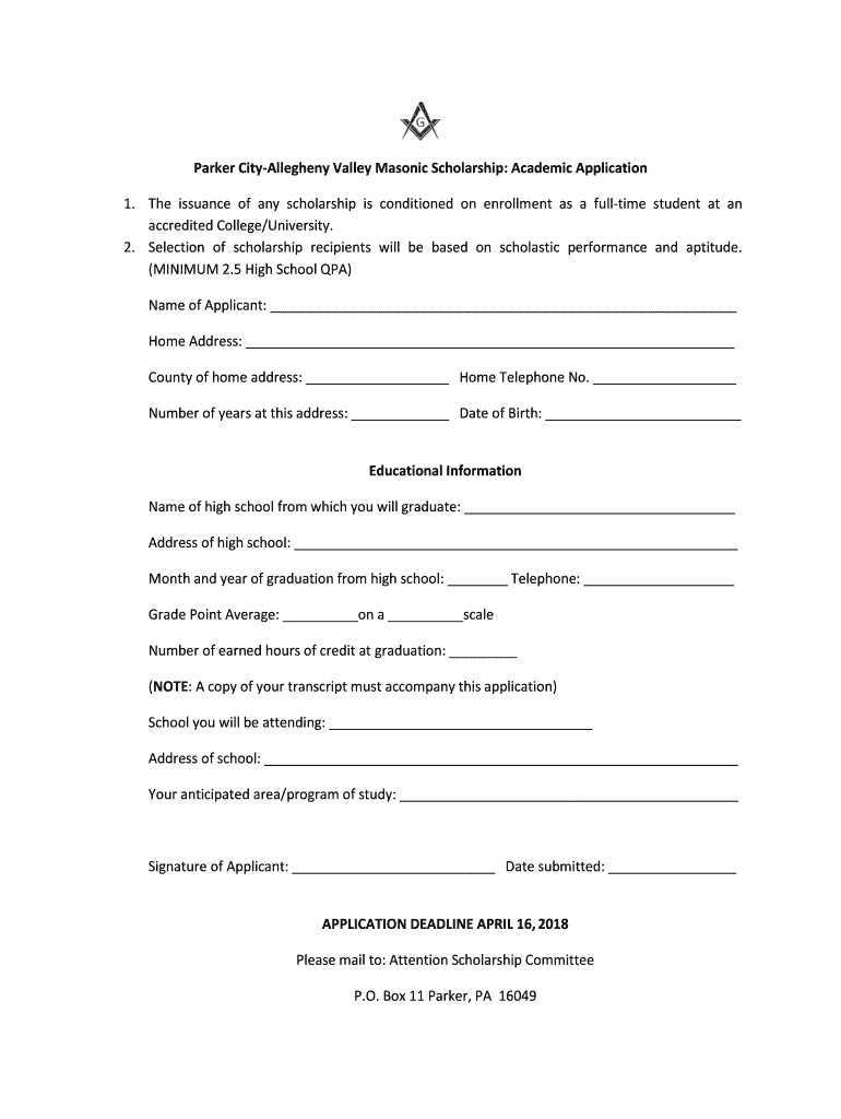 Fillable Online Parker City-Allegheny Valley Masonic Scholarship ...