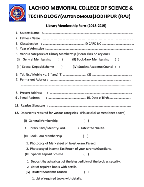 Fillable Online Library Membership Form (2018-2019) - lachoomemorial ...