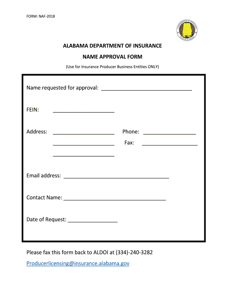 Fillable Online ALABAMA DEPARTMENT OF INSURANCE NAME APPROVAL FORM Fax ...