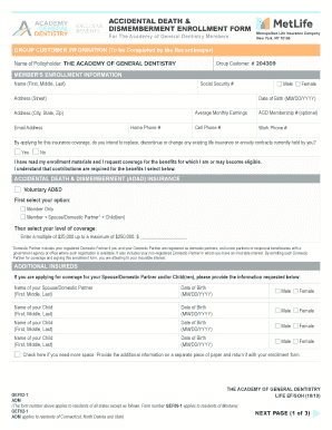 Fillable Online accidental death & dismemberment enrollment form - AGD ...