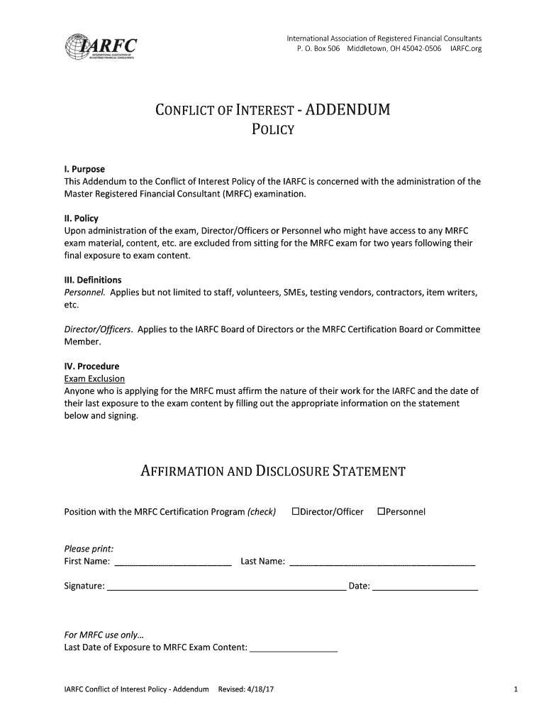Fillable Online IARFC Conflict of Interest Statement - Addendum.docx ...
