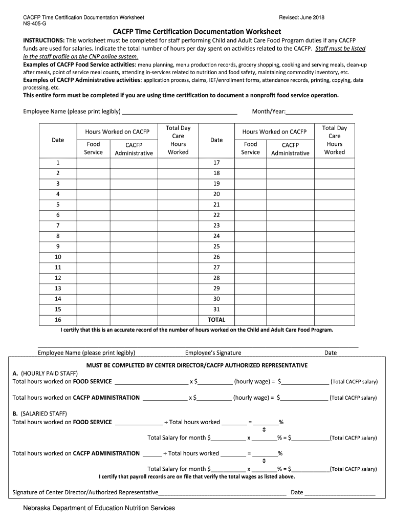Fillable Online CACFP Time Certification Documentation Worksheet Fax ...