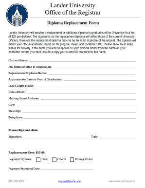 Fillable Online Request for Diploma Replacement Form - Lander ...
