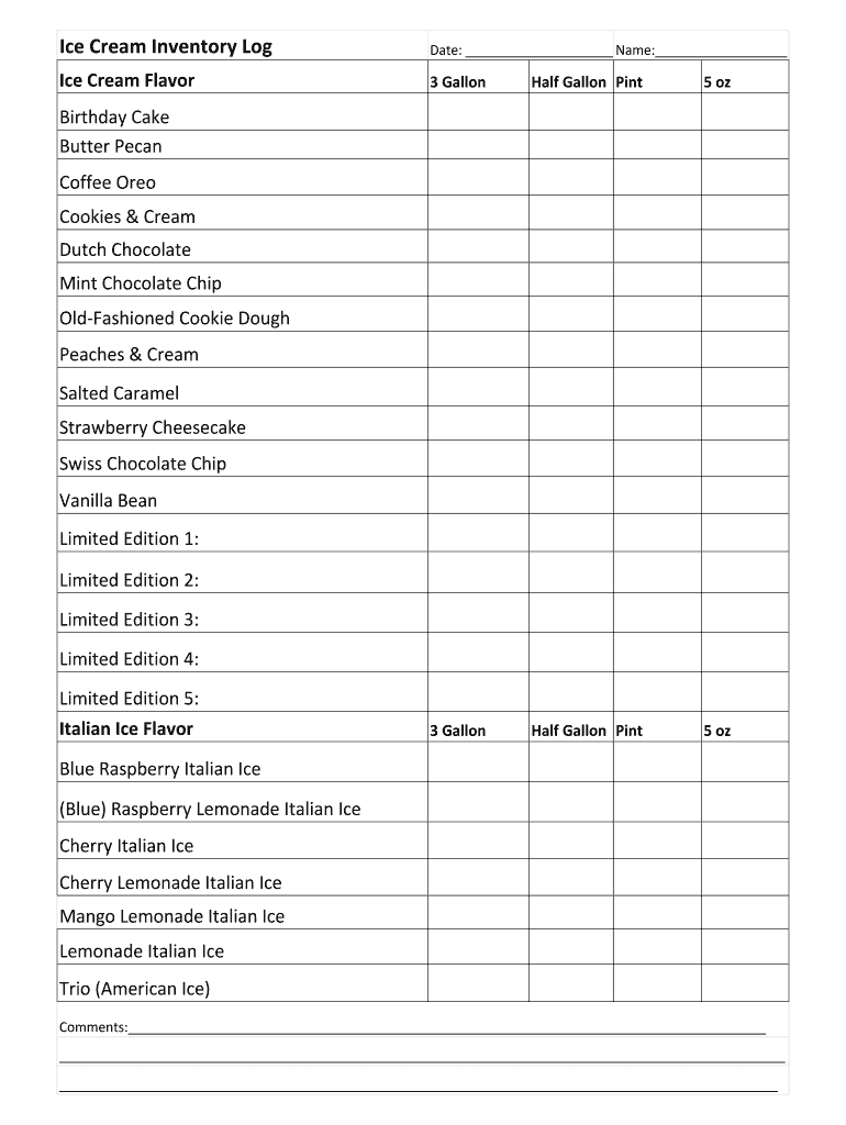 Ice Cream Inventory Log - Blank Fillable Template | Fill Out, Print ...