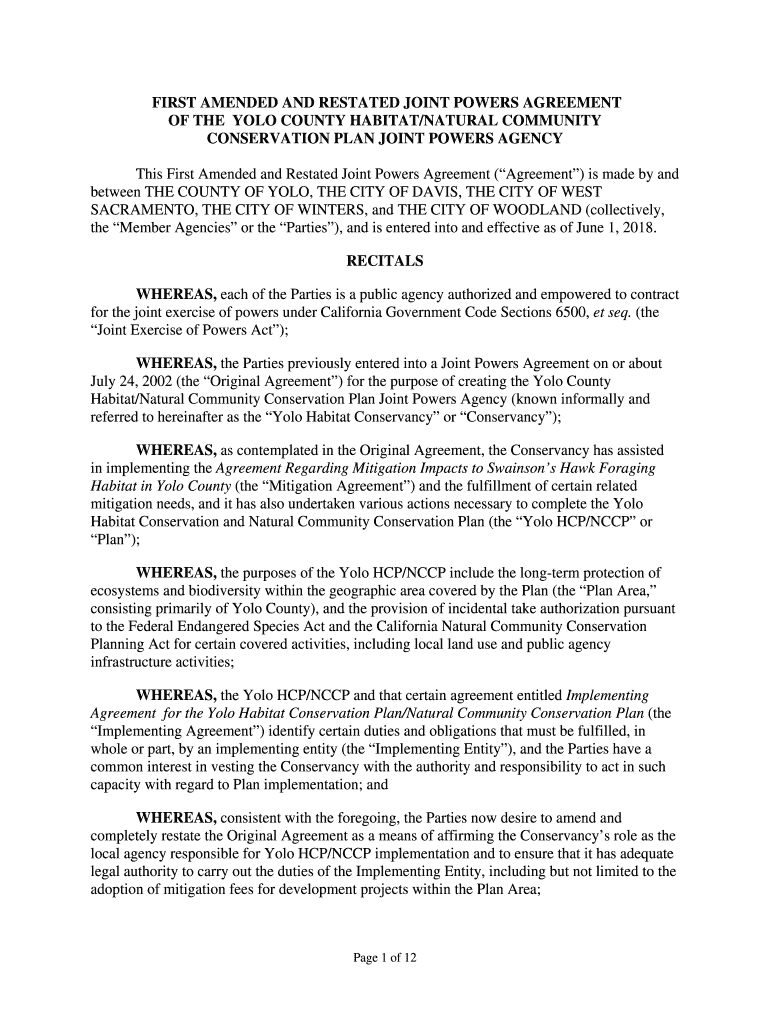 Fillable Online yoloagenda yolocounty first amended and restated joint powers agreement of the ...