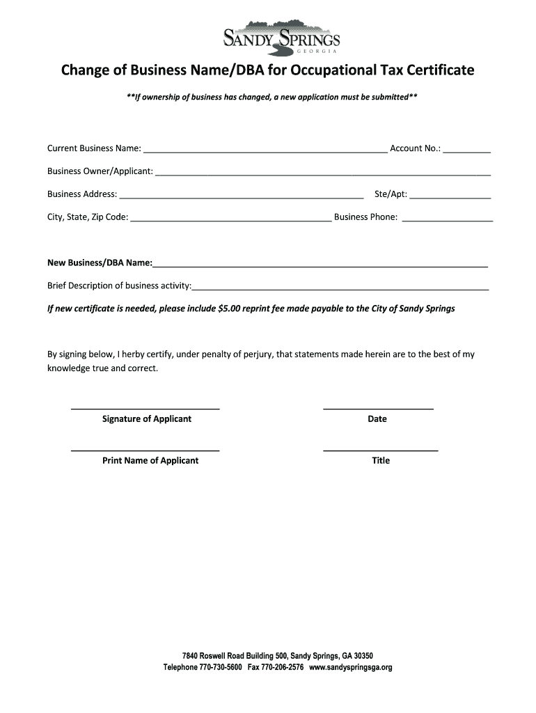 Fillable Online Change of Business Name/DBA for Occupational Tax ...