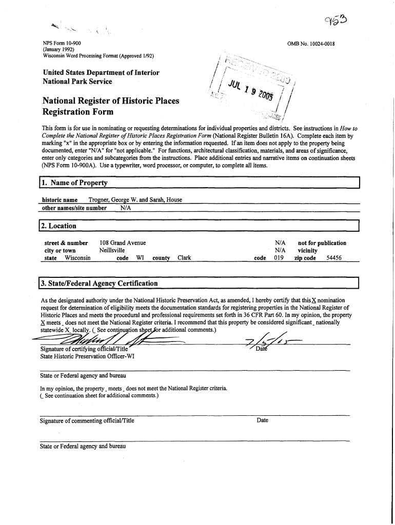 Fillable Online Fillable Online NFS Form 10900 (January 1992) Wisconsin ...