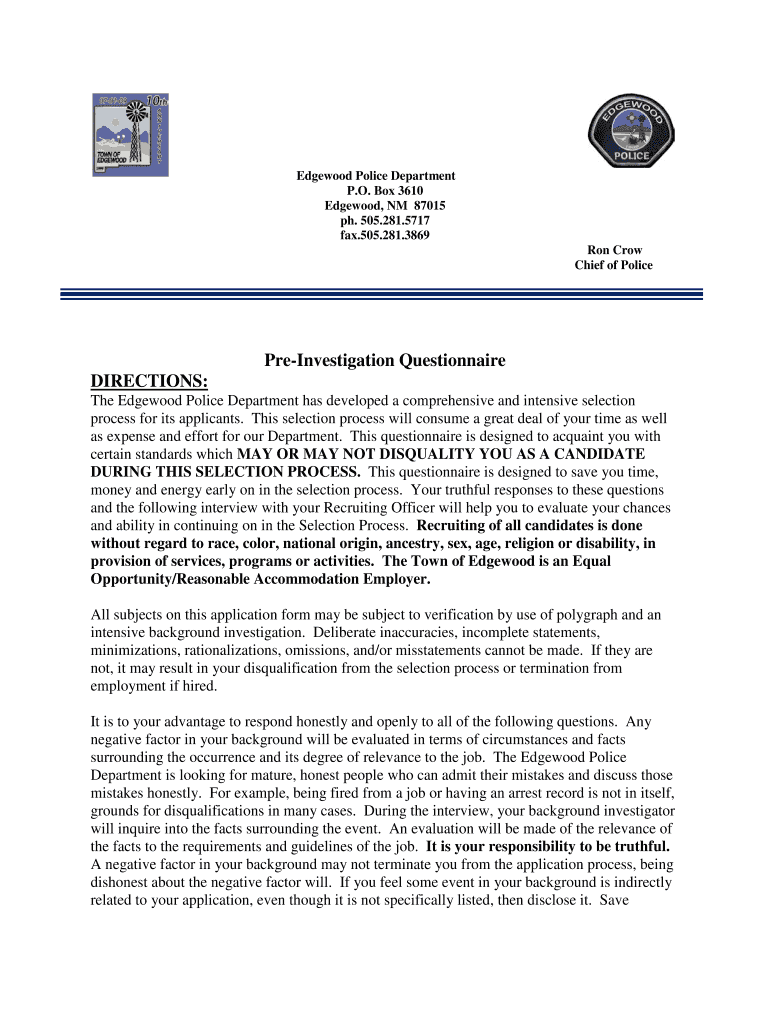 Fillable Online Pre-Investigation Questionnaire - Town of Edgewood Fax ...