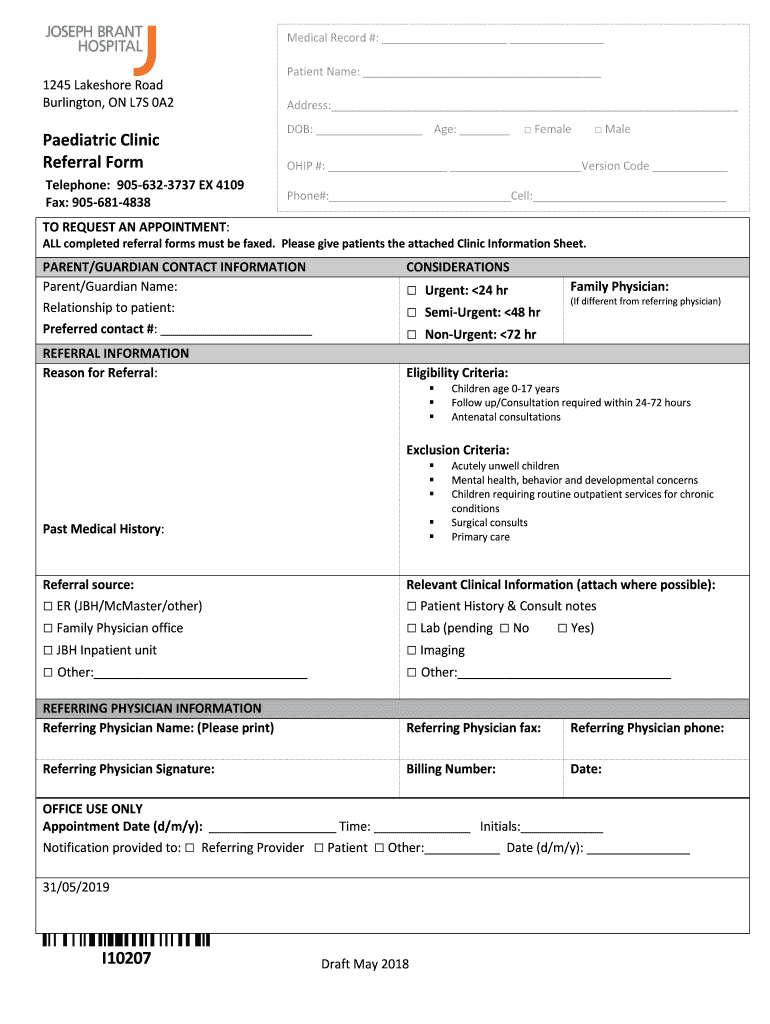 Fillable Online Paediatric Clinic Referral Form I10207 - Joseph Brant ...