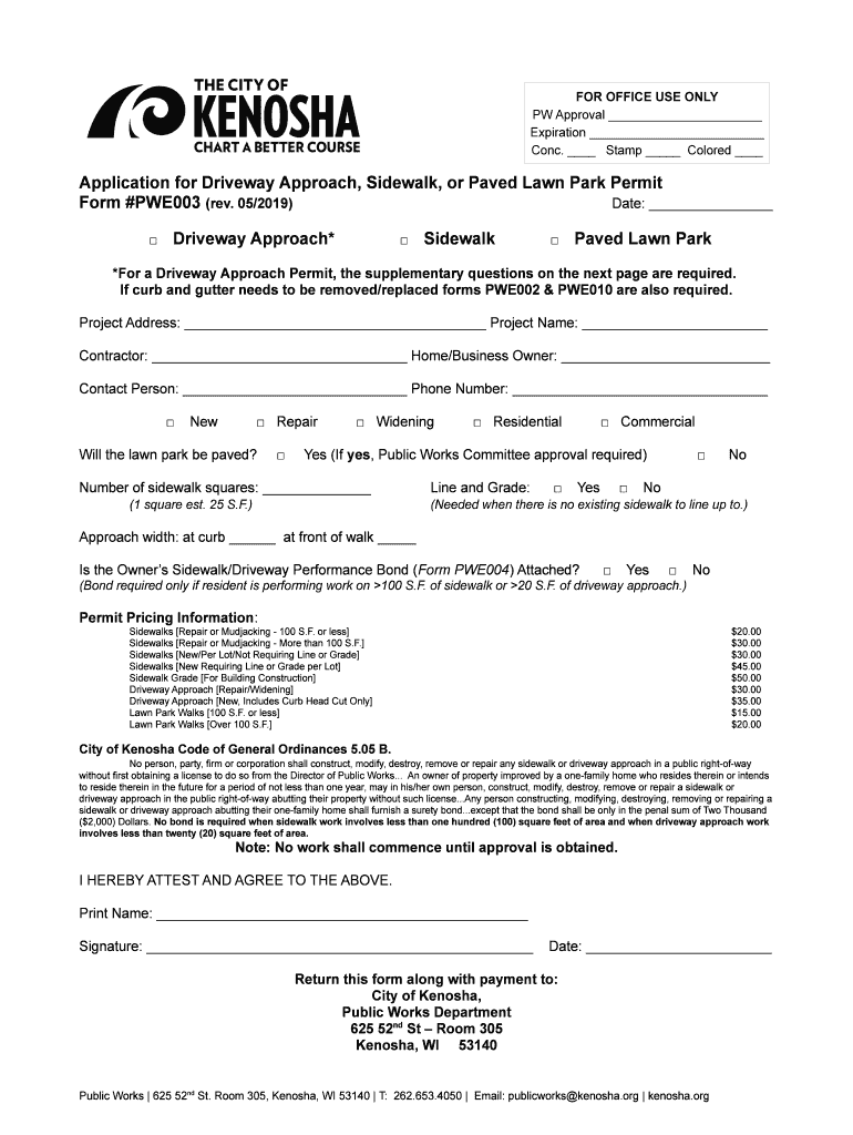 Fillable Online Approach, Sidewalk, or Paved Lawn Park - City of ...