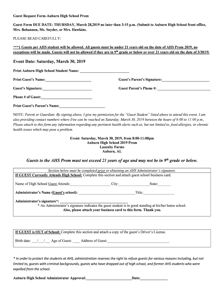 Fillable Online Guest Request Form-Auburn High School Prom Guest Form ...