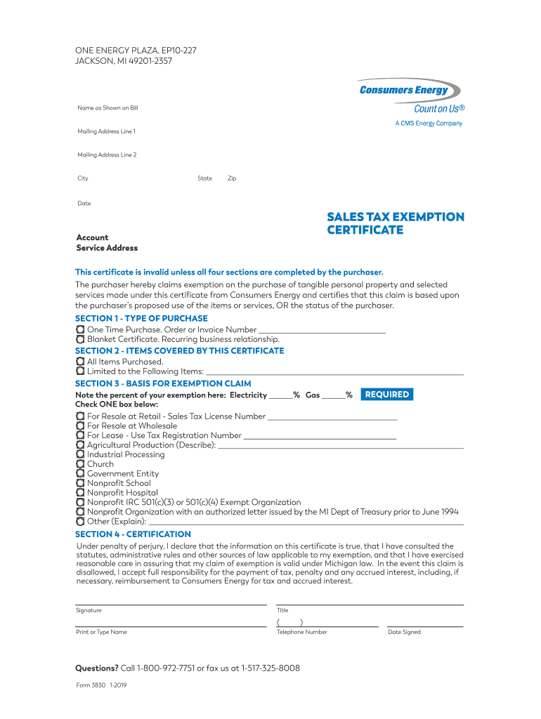 Fillable Online sales tax exemption certificate - Consumers Energy Fax ...