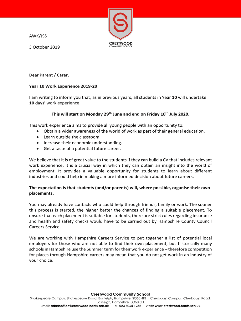 Fillable Online crestwood hants sch Work experience - Sample information letter for parents ...