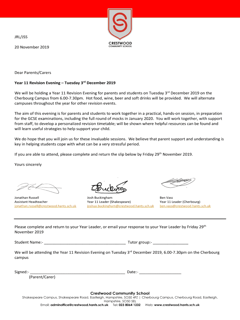 Fillable Online crestwood hants sch Year 11 Revision Evening - Crestwood Community School Fax ...