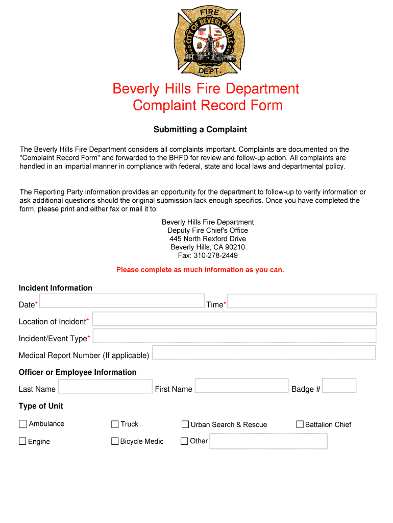 Fillable Online Beverly Hills Fire Department Complaint Record Form Fax ...