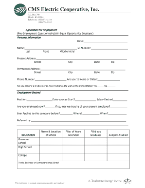 Fillable Online APPLICATION FOR EMPLOYMENT PRE-EMPLOYMENT QUESTIONNAIRE ...