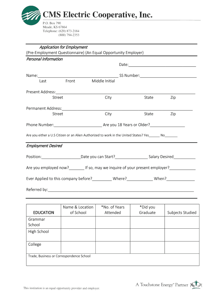 Fillable Online APPLICATION FOR EMPLOYMENT PRE-EMPLOYMENT QUESTIONNAIRE ...