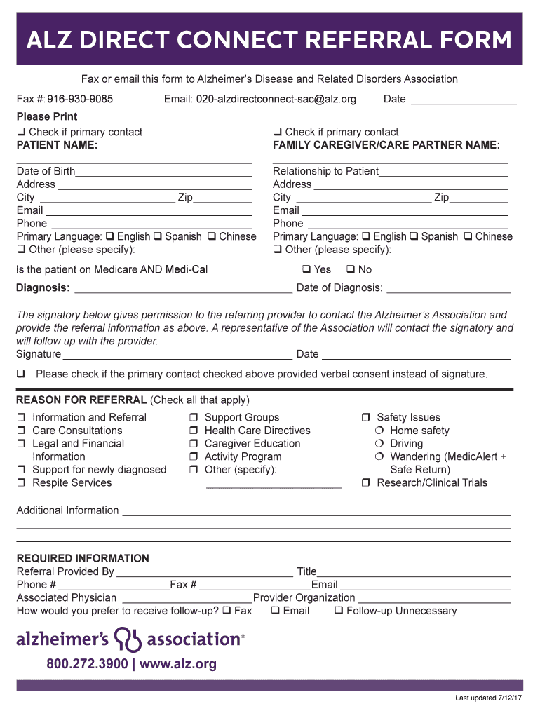 Fillable Online ALZ DIRECT CONNECT REFERRAL FORM Fax Email Print - pdfFiller