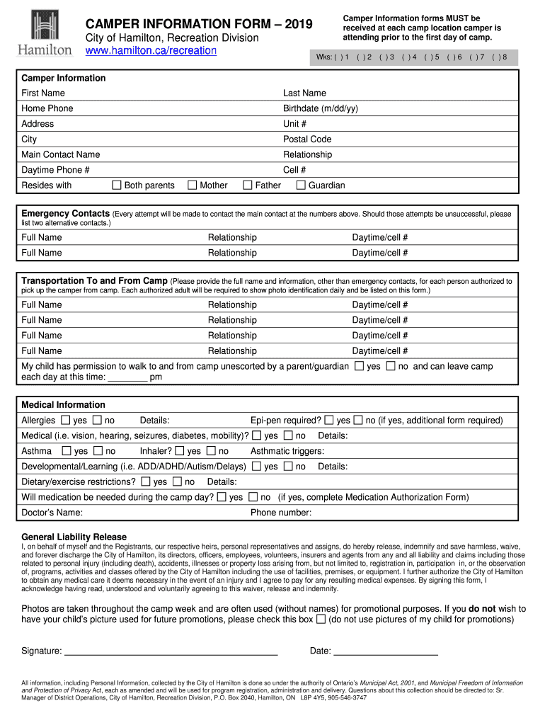 Fillable Online Camper Information Form - Rec1 Fax Email Print - pdfFiller