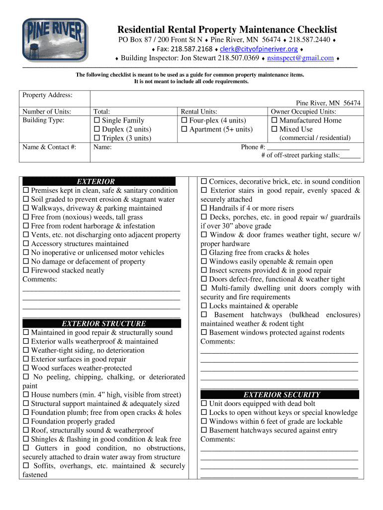Fillable Online Residential Rental Property Maintenance Checklist Fax ...