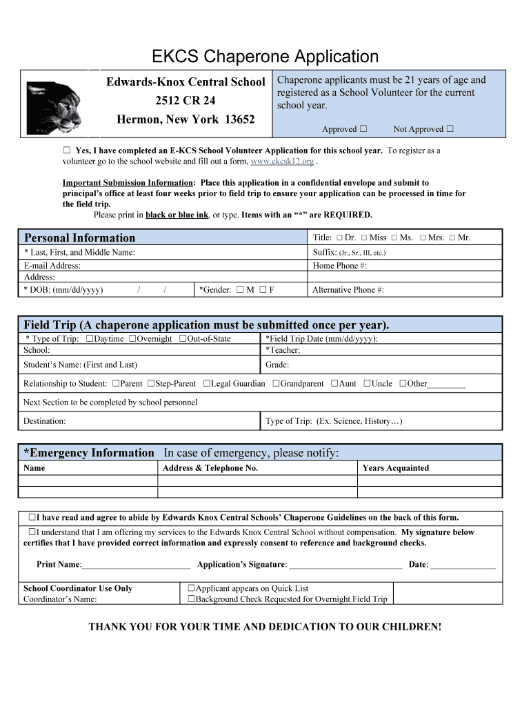 Fillable Online EKCS Chaperone Application - Edwards-Knox Central ...