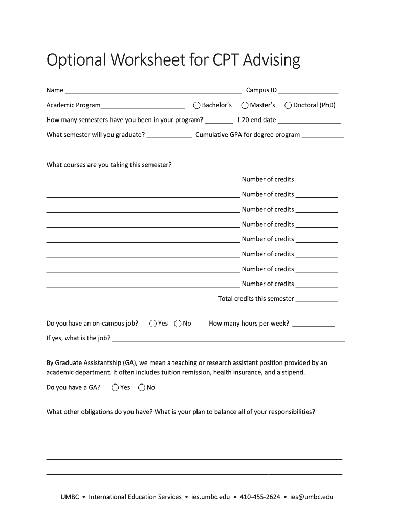 Fillable Online ies umbc Optional Worksheet for CPT Advising ...