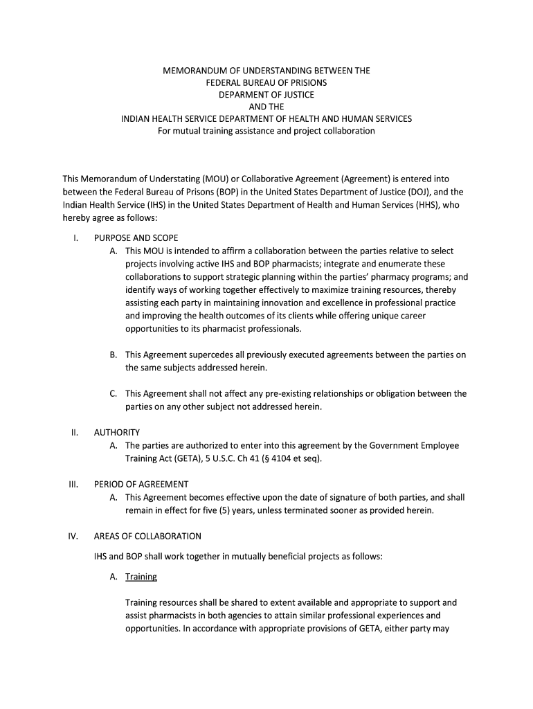 Fillable Online dcp psc MEMORANDUM OF UNDERSTANDING BETWEEN BOP AND IHS ...