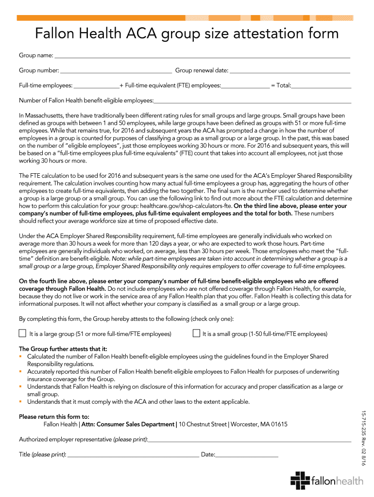 Fillable Online Fallon Health ACA group size attestation form Fax Email ...