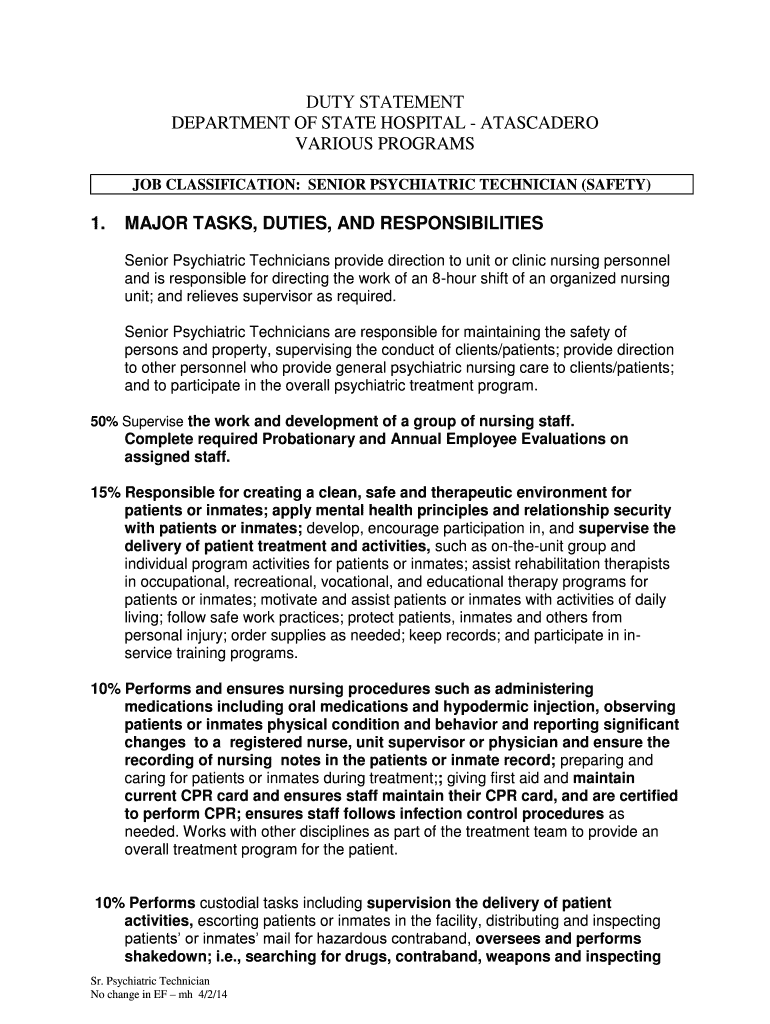 Fillable Online DUTY STATEMENT DEPARTMENT OF STATE HOSPITALS ...