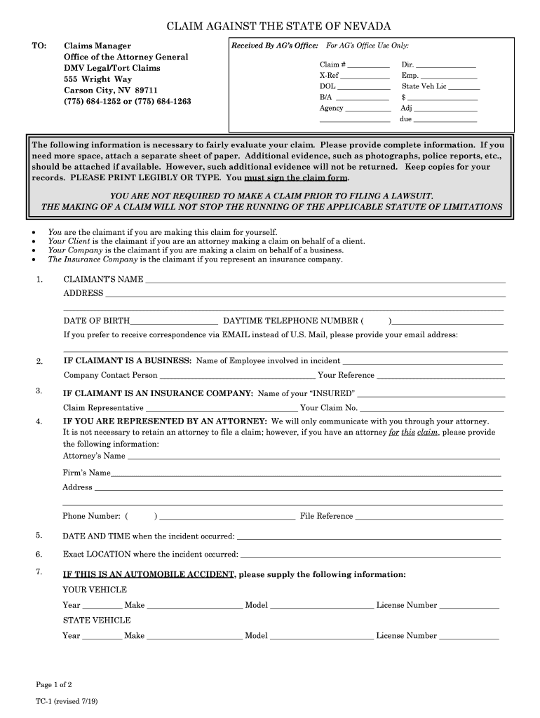 Fillable Online Fillable Online claim against the state of nevada ...