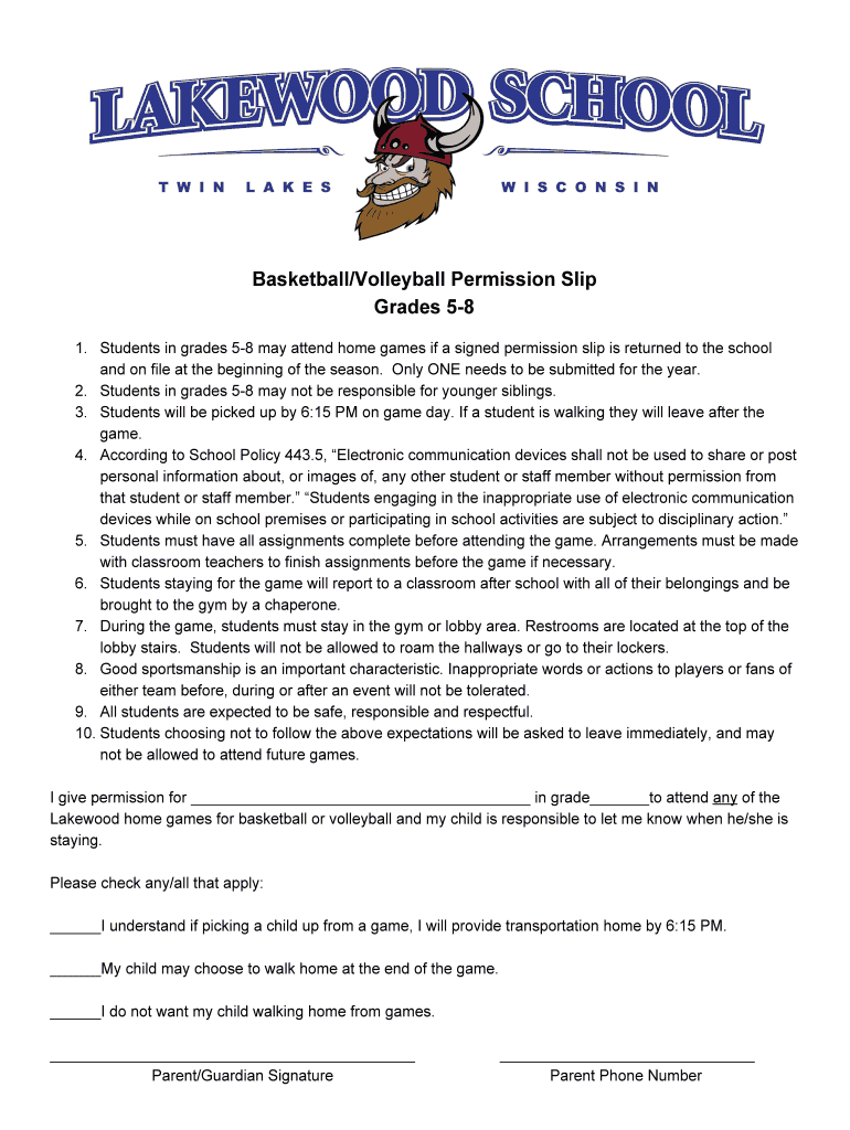 Fillable Online Basketball/Volleyball Permission Slip Grades 5-8 - Twin ...
