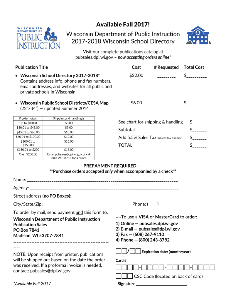 Fillable Online dpi wi Wisconsin School Directory In-State Order Form ...