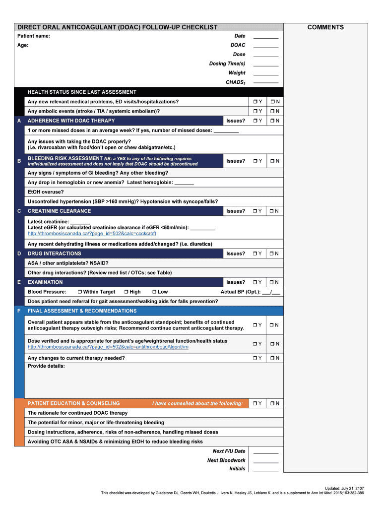 Fillable Online a direct oral anticoagulant (doac) monitoring checklist ...