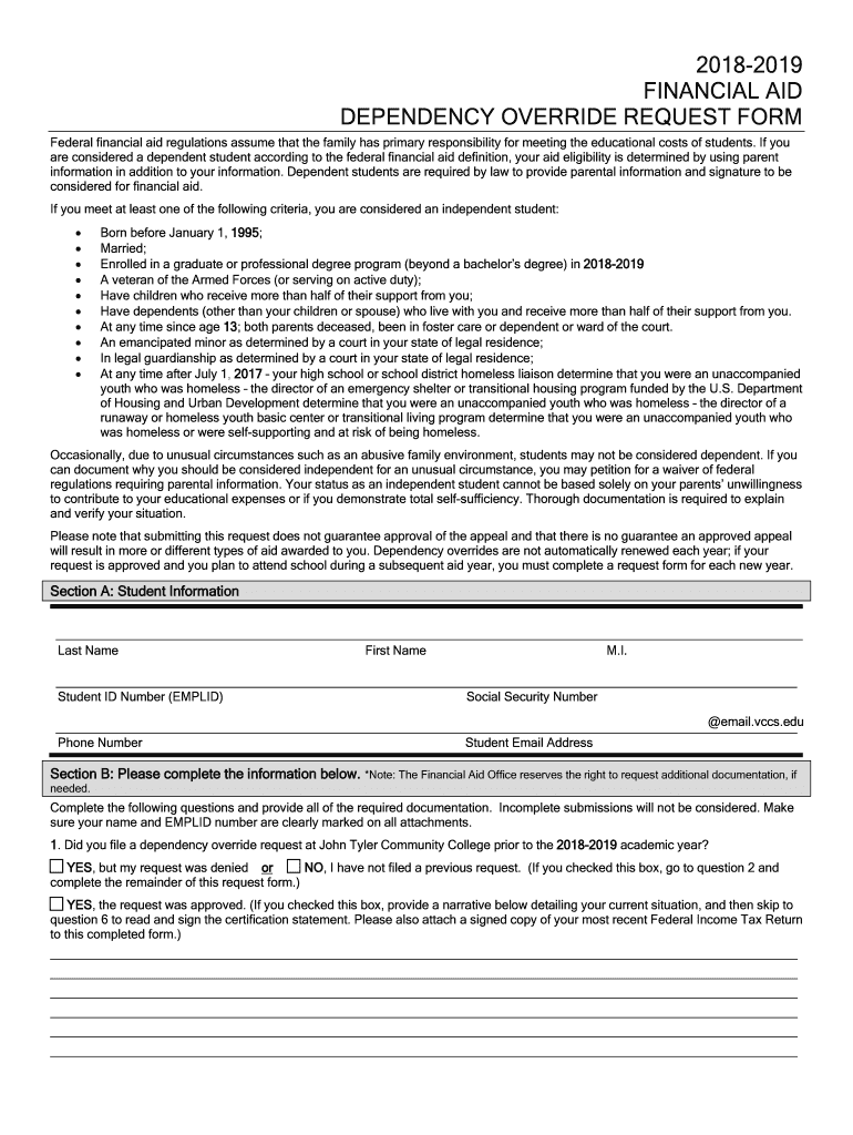 Fillable Online 2018-2019 financial aid dependency override request ...