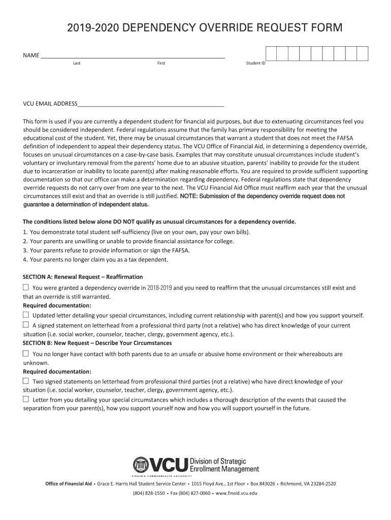 Fillable Online 2019-2020 dependency override request form - Financial ...