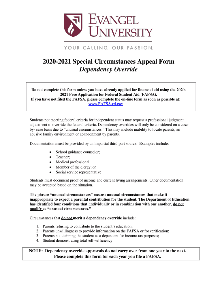 Fillable Online 2020-2021 Special Circumstances Appeal Form Dependency ...