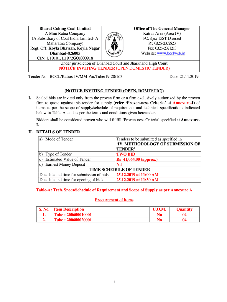 Fillable Online BCCL BHARAT COKING COAL LIMITED (A Subsidiary of Coal ...