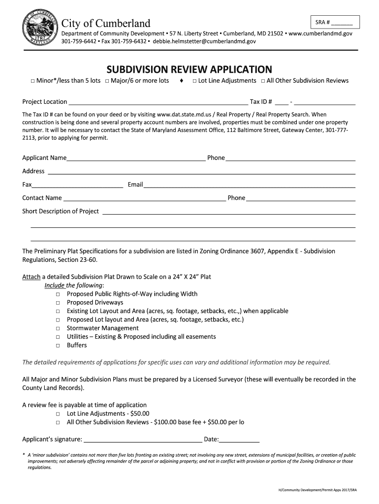 Fillable Online City of Cumberland SUBDIVISION REVIEW APPLICATION Fax ...