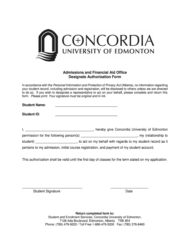 Fillable Online Admissions and Financial Aid Office Designate ...
