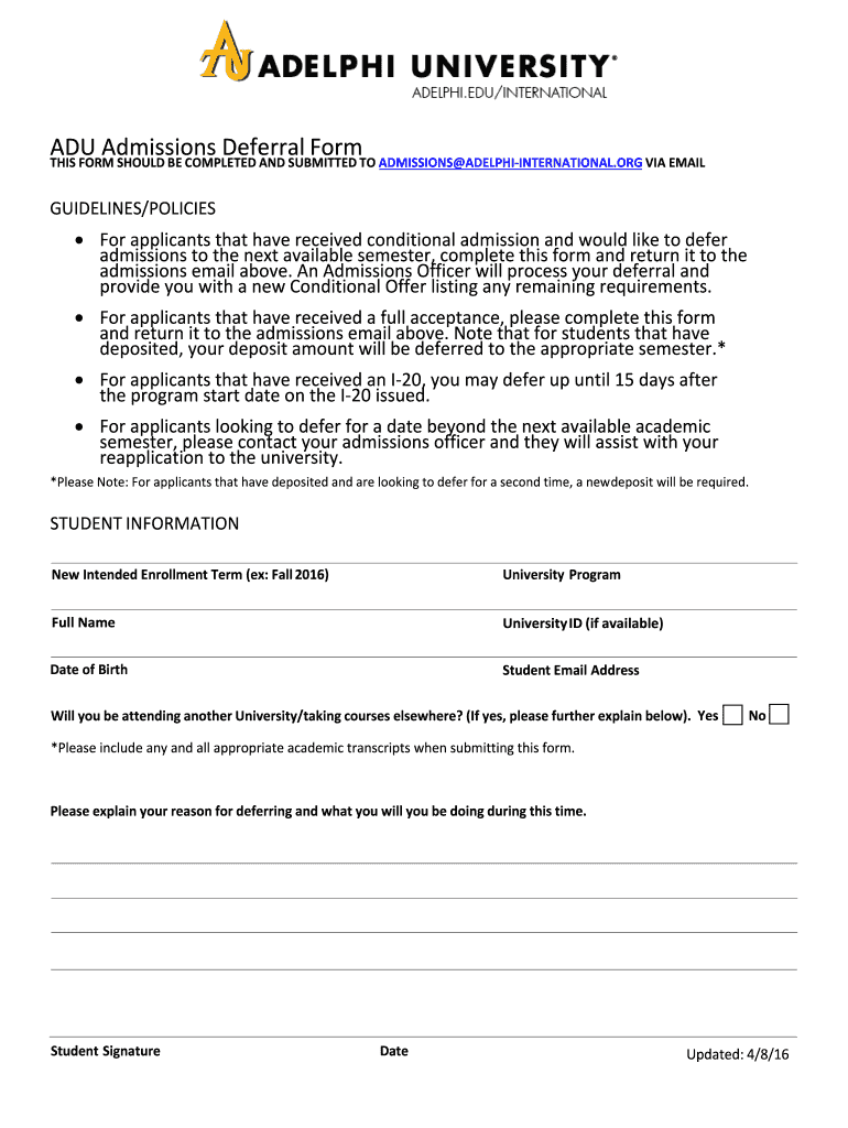 Fillable Online ADU Admissions Deferral Form - Geebee Education Fax ...