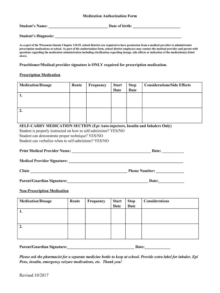 Fillable Online Medication Authorization Form-English - Marathon School ...