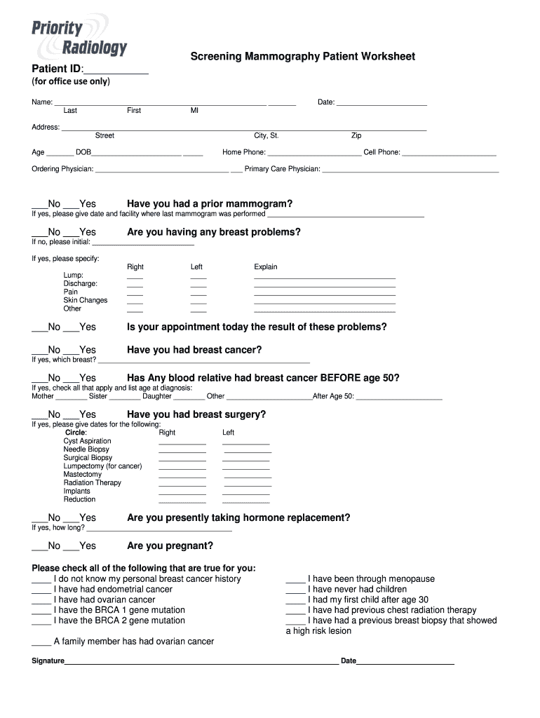Fillable Online Screening Mammography worksheet - Priority Radiology ...